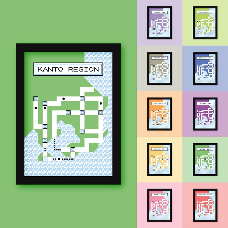 KANTO MAP Printable Poster Set, Bundle, Gift, Pokemon Art, Pallet Town, Lavender, Pokemon Yellow ...