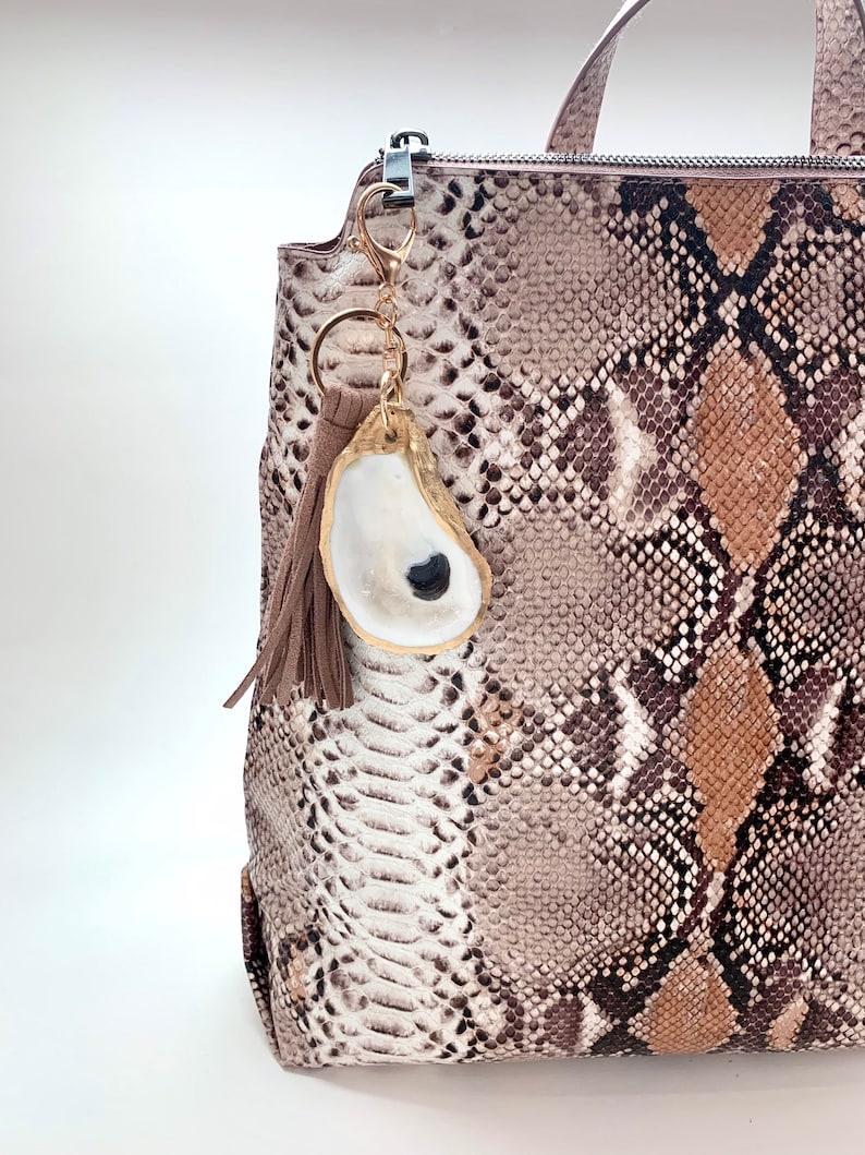 Oyster Shell and Genuine Leather Tassel Bag Charm, Keychain - Etsy