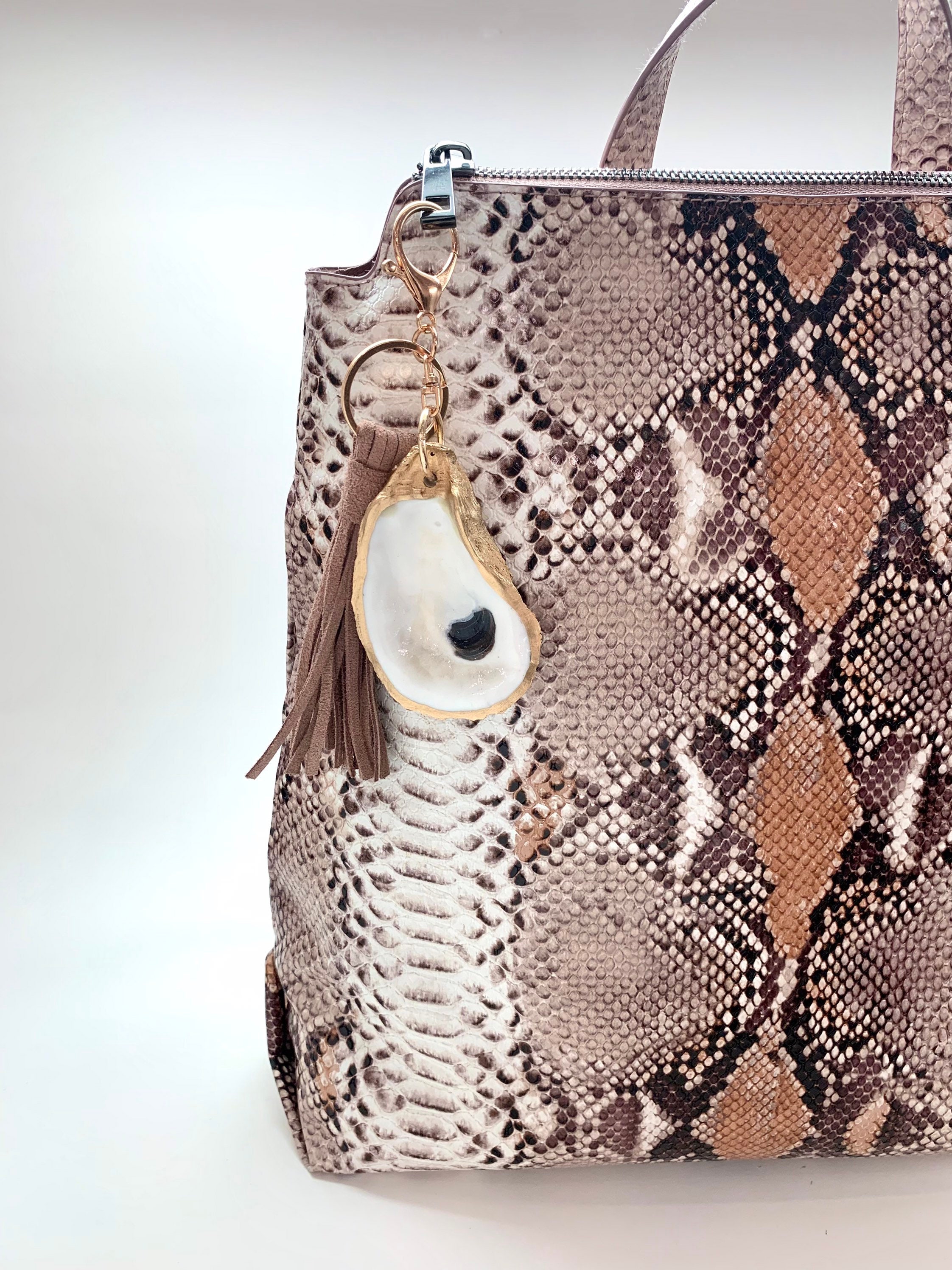 Oyster Shell and Genuine Leather Tassel Bag Charm, Keychain - Etsy