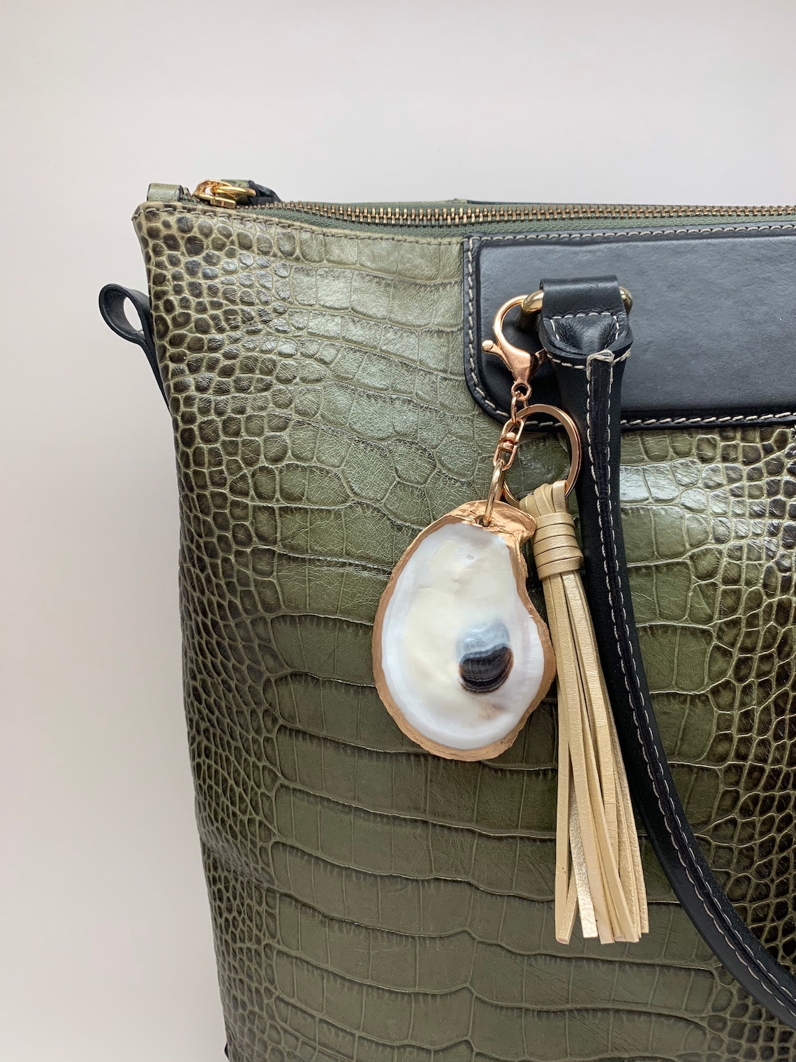 Oyster Shell and Genuine Leather Tassel Bag Charm Keychain - Etsy