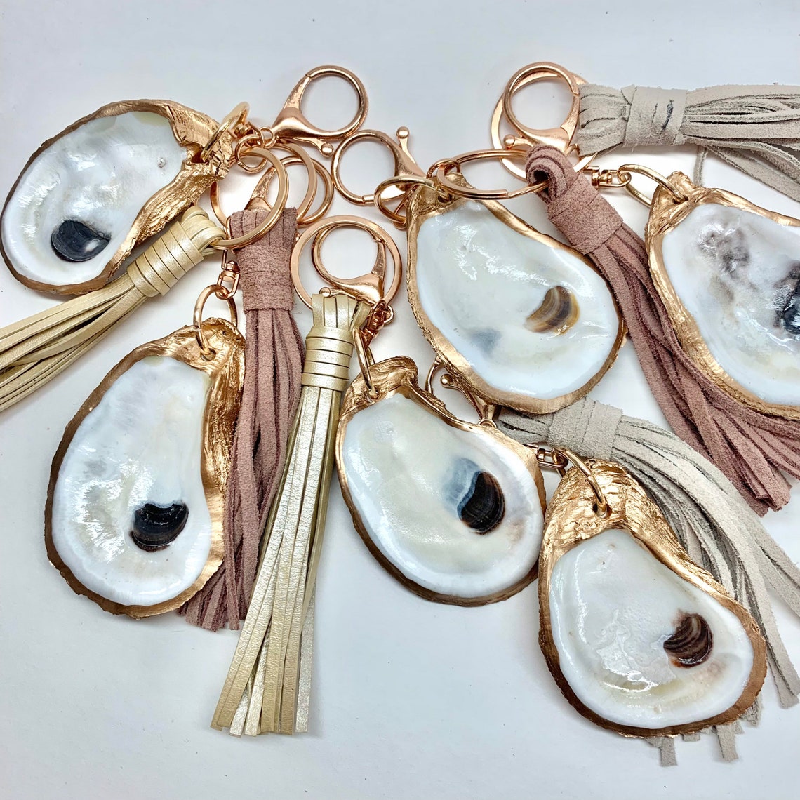 Oyster Shell and Genuine Leather Tassel Bag Charm Keychain - Etsy