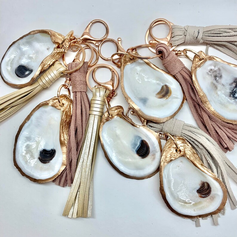 Oyster Shell and Genuine Leather Tassel Bag Charm, Keychain - Etsy
