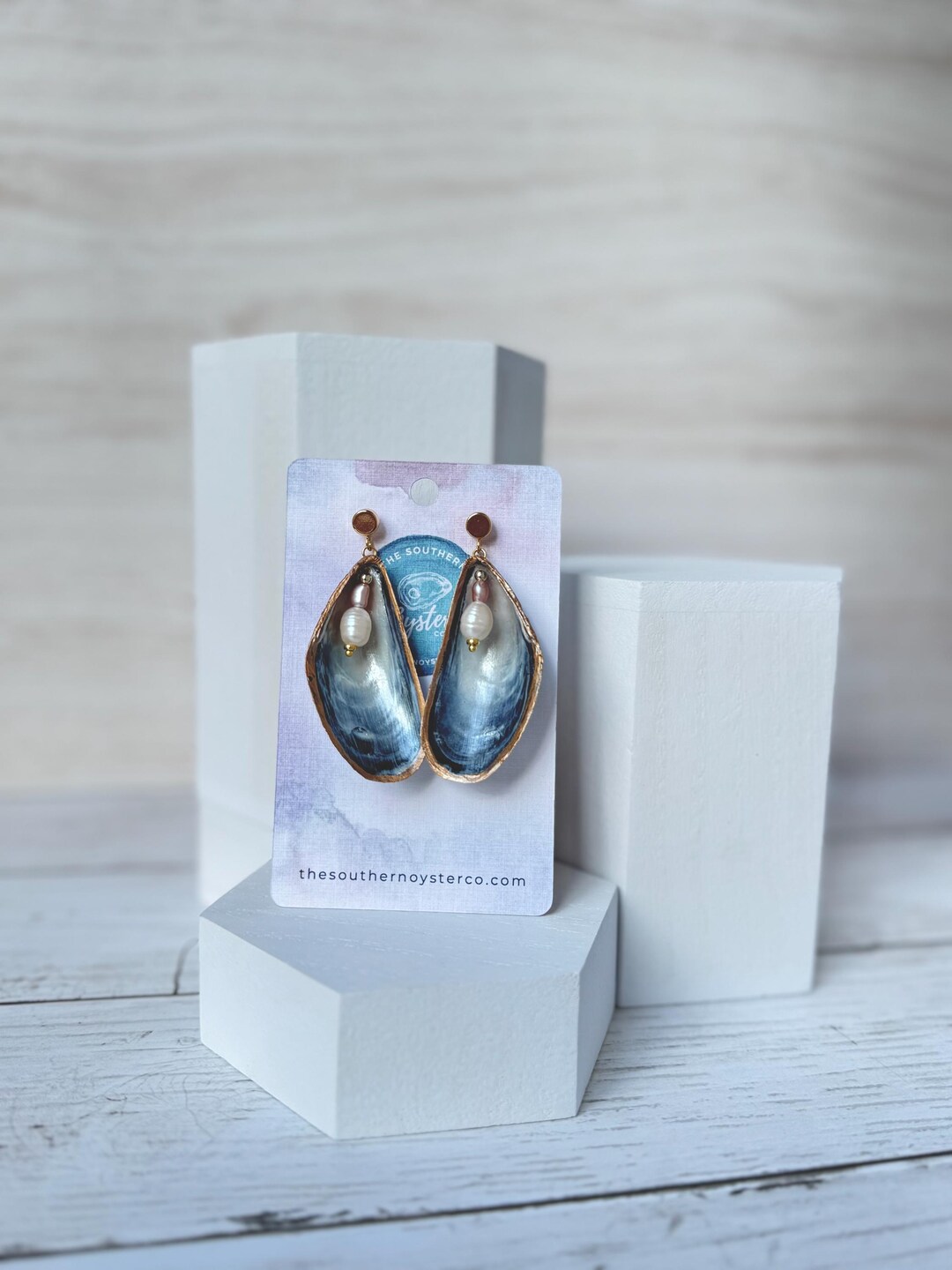 Mussel Shell & Blush Pink Pearl Earrings | Hand-collected Coastal ...