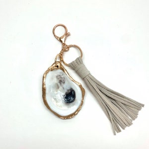 Oyster Shell and Genuine Leather Tassel Bag Charm, Keychain - Etsy