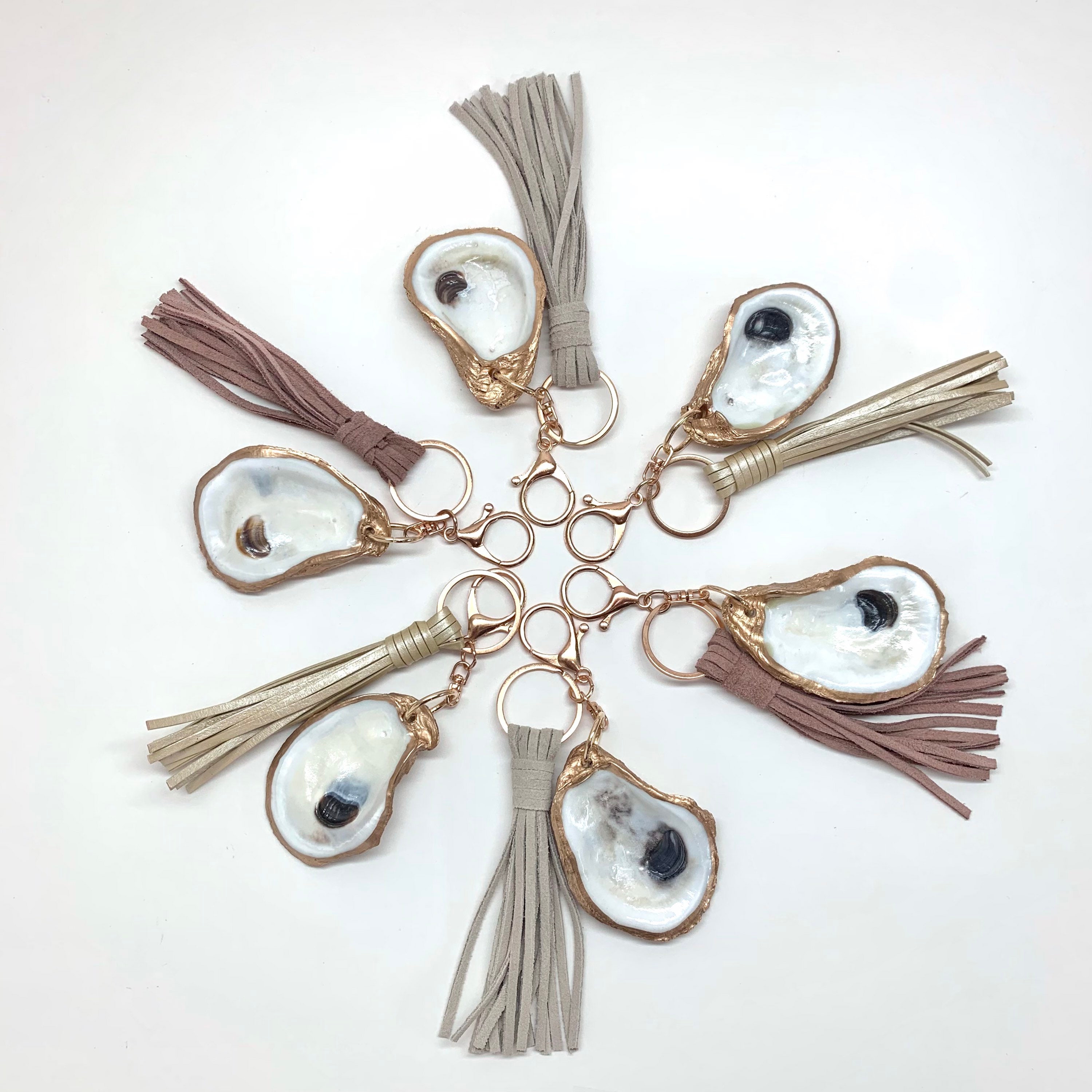 Oyster Shell and Genuine Leather Tassel Bag Charm, Keychain - Etsy