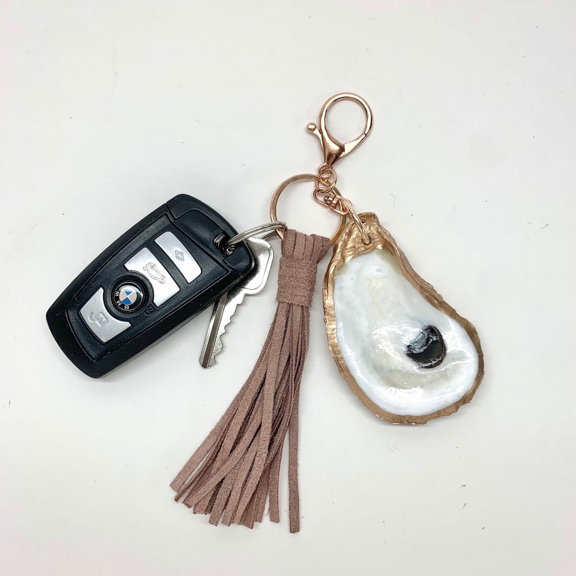 Oyster Shell and Genuine Leather Tassel Bag Charm, Keychain - Etsy