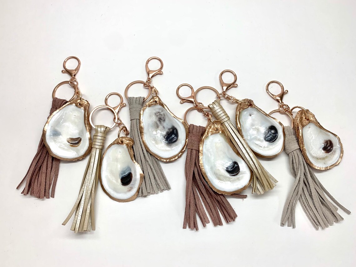 Oyster Shell and Genuine Leather Tassel Bag Charm, Keychain - Etsy