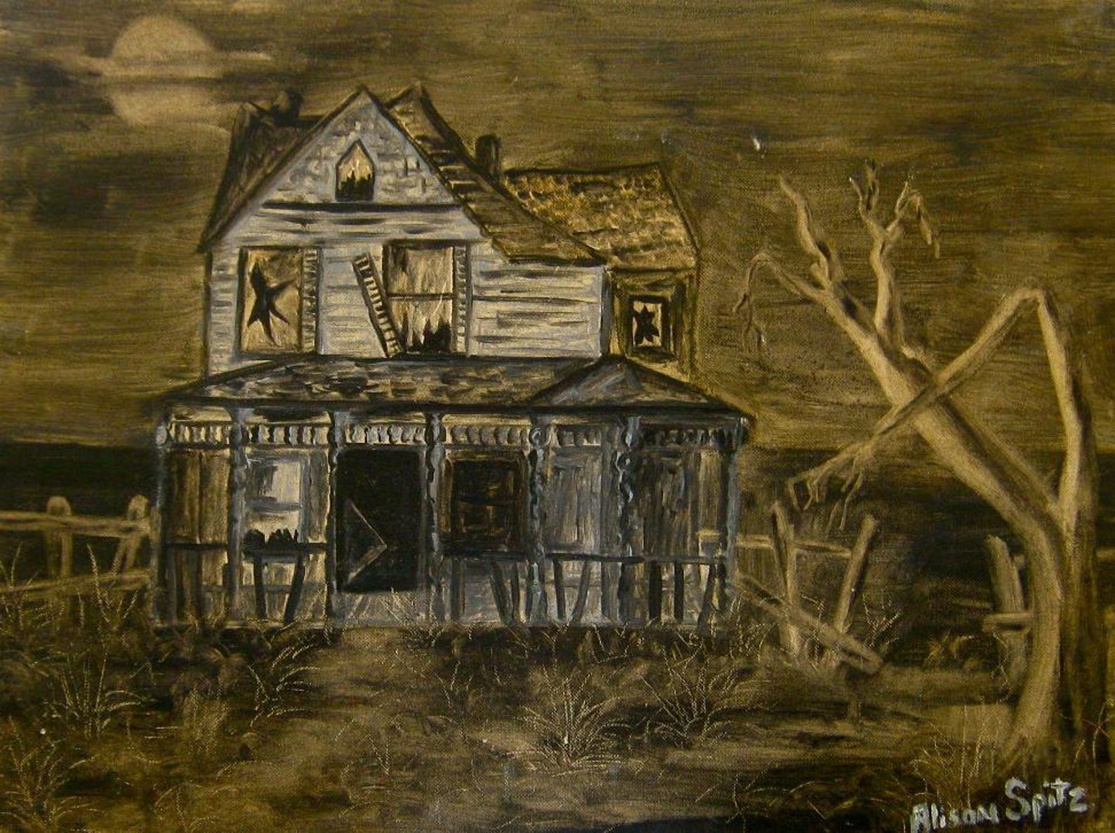 Haunted House by Alison Spitz, USA 1990s, 18" X 24" Oil Painting on ...