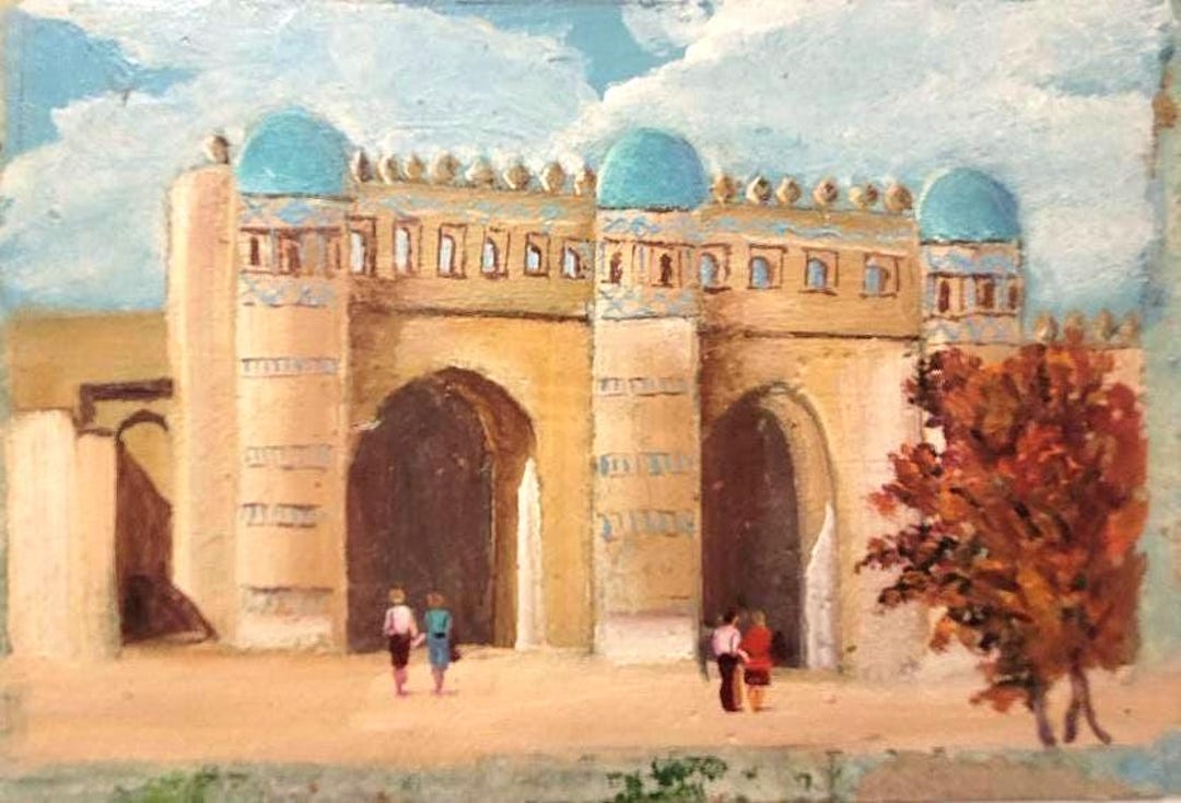 Three Blue Towers Uzbekistan, 6" X 8 3/4" Oil Painting on Board, Exotic ...