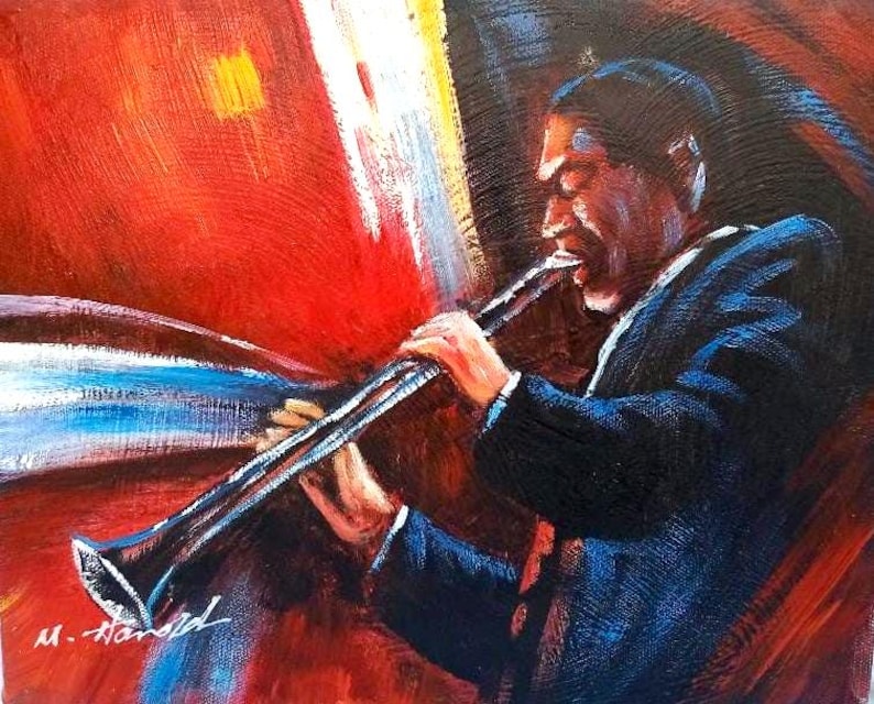 M. Harold, Original Unframed Oil Painting of Jazz Clarinet Player 8" X ...
