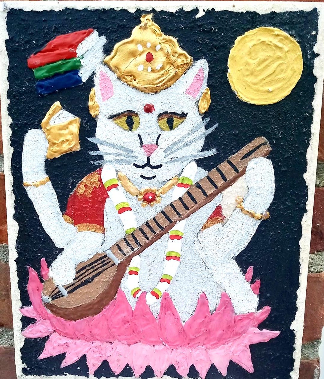 8" X 10" Hindu Cat Painting Mixed Media Art on Wood Board, India 2000s ...