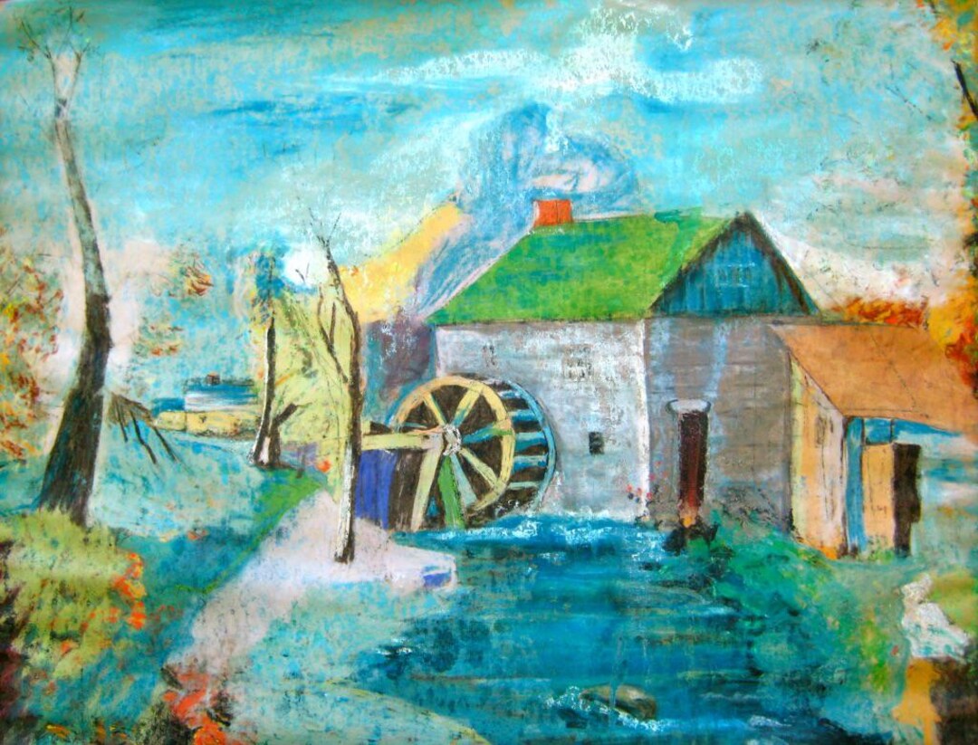 Vintage Pastel Chalk Grist Mill Scene - 1980s M. Joyce Art - Etsy