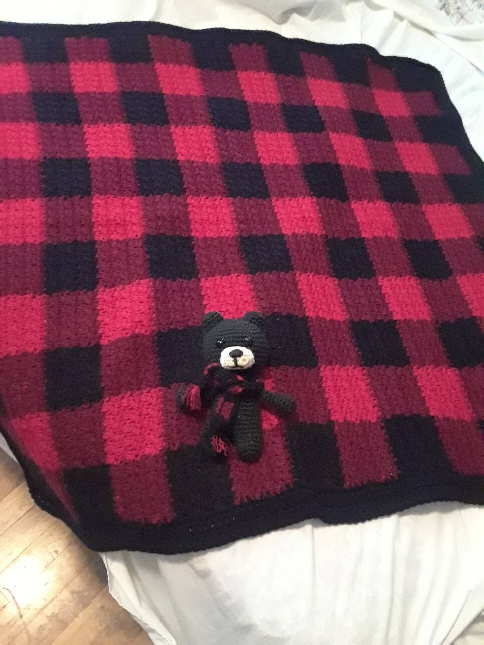 Red and Black Crocheted Plaid Baby Blanket With Matching Teddy Bear. - Etsy