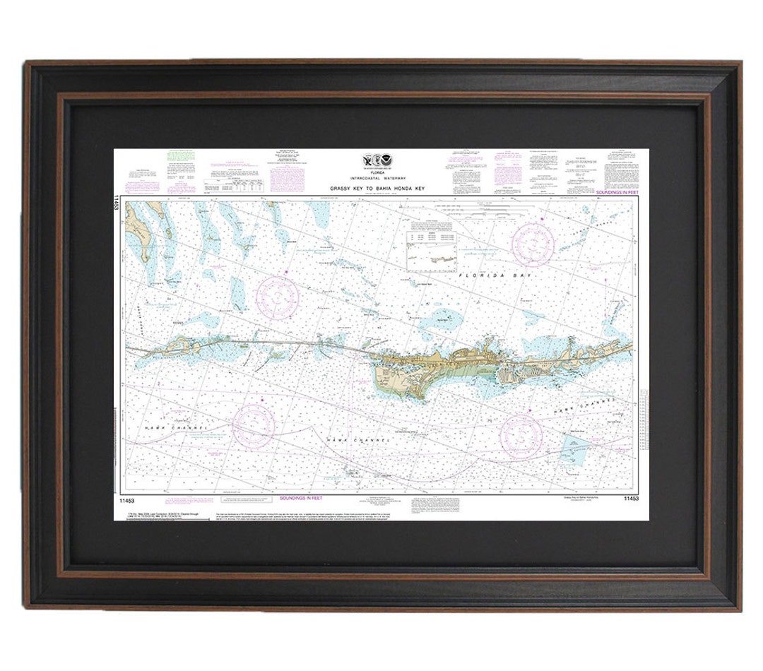Framed Nautical Chart 11453 - Grassy Key to Bahia Honda Key. NOAA 11453 ...