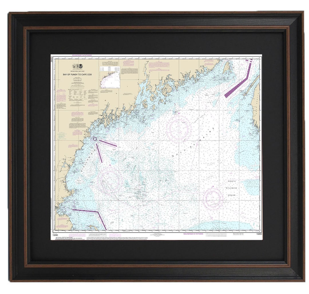 Framed Nautical Chart - Bay of Fundy to Cape Cod; NOAA 13260; Nautical ...
