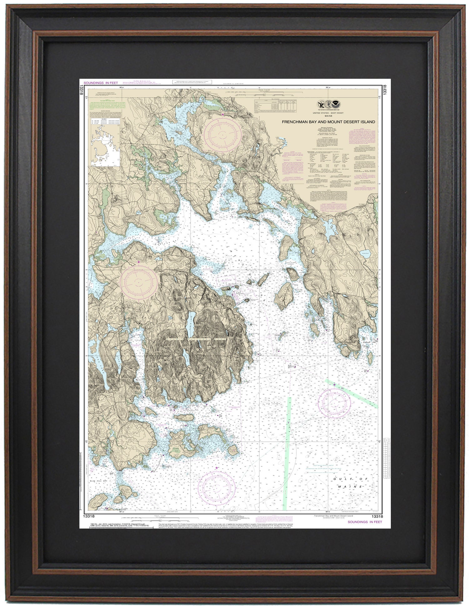 Framed Nautical Map 13318 : Frenchman Bay Mount Desert Island, Acadia ...