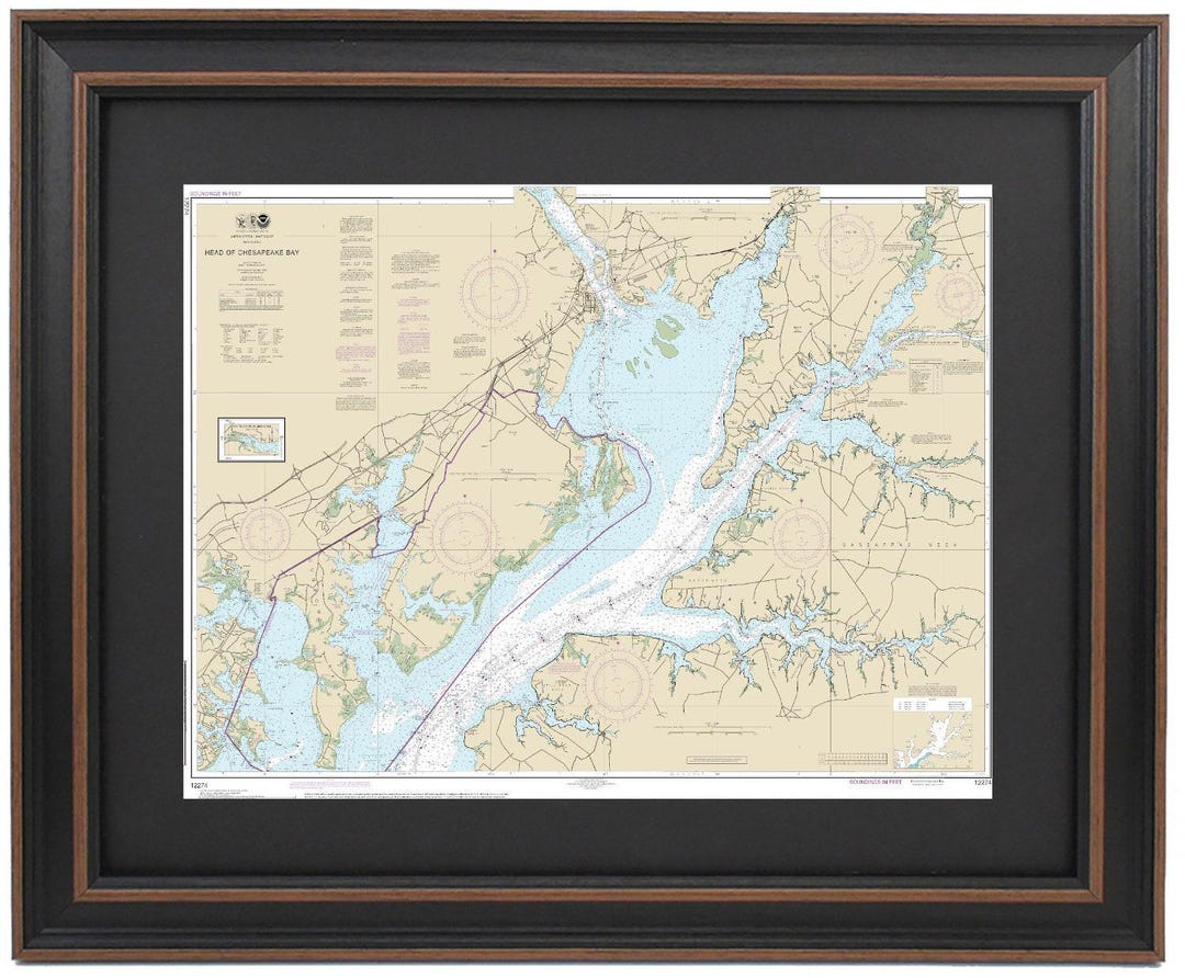Framed Nautical Chart 12274 - Head of Chesapeake Bay . NOAA 12274 ...