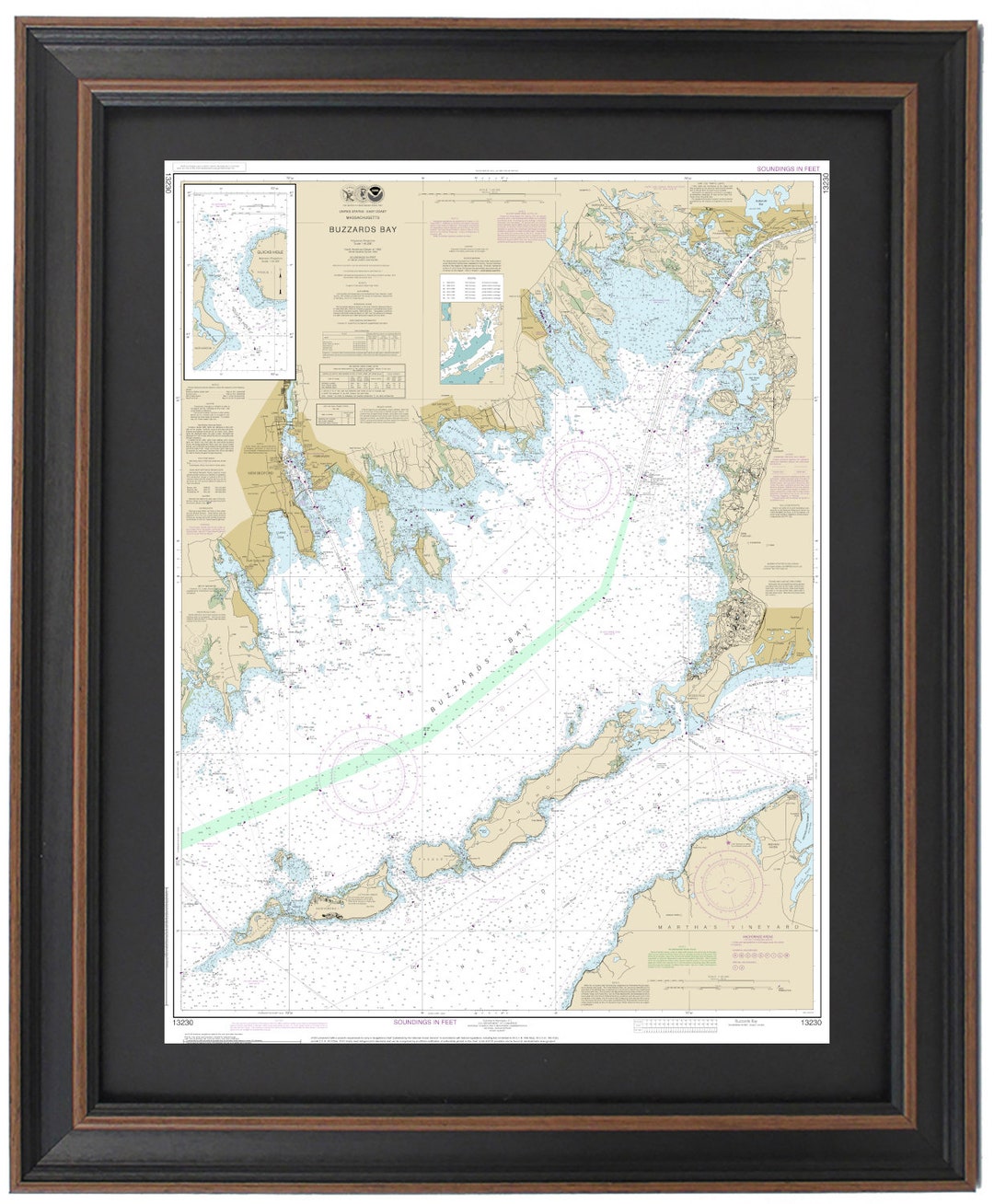 Framed Nautical Chart 13230 - Buzzards Bay, MA. NOAA 13230. Handmade in ...