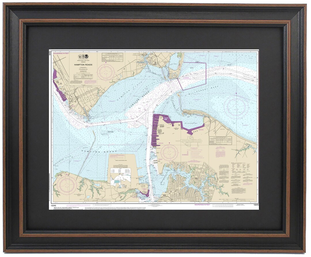 Framed Nautical Chart Hampton Roads, NOAA 12245 Nautical Gifts & Beach ...
