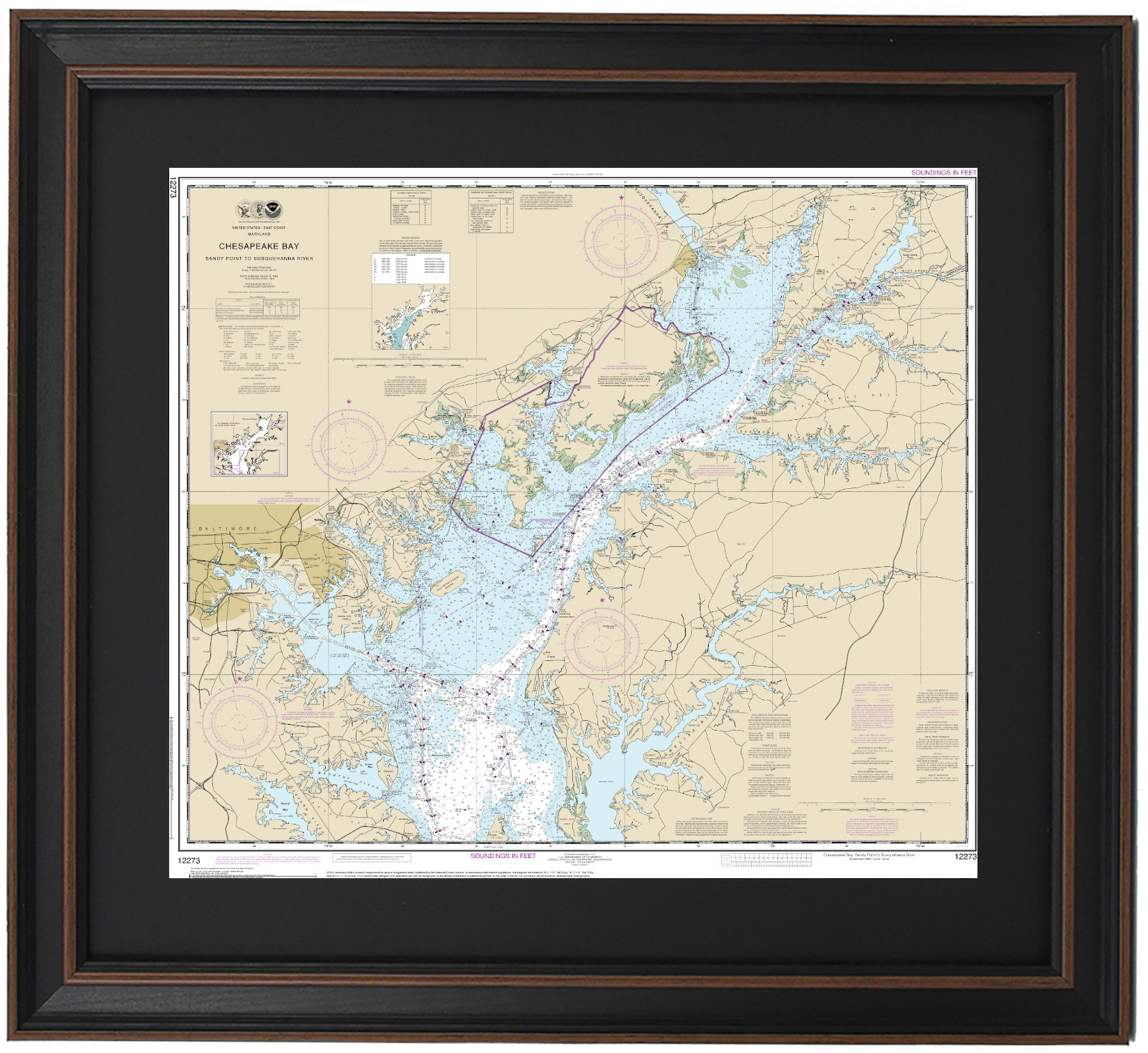 Framed Nautical Chart 12273 Chesapeake Bay Sandy Point to Susquehanna ...