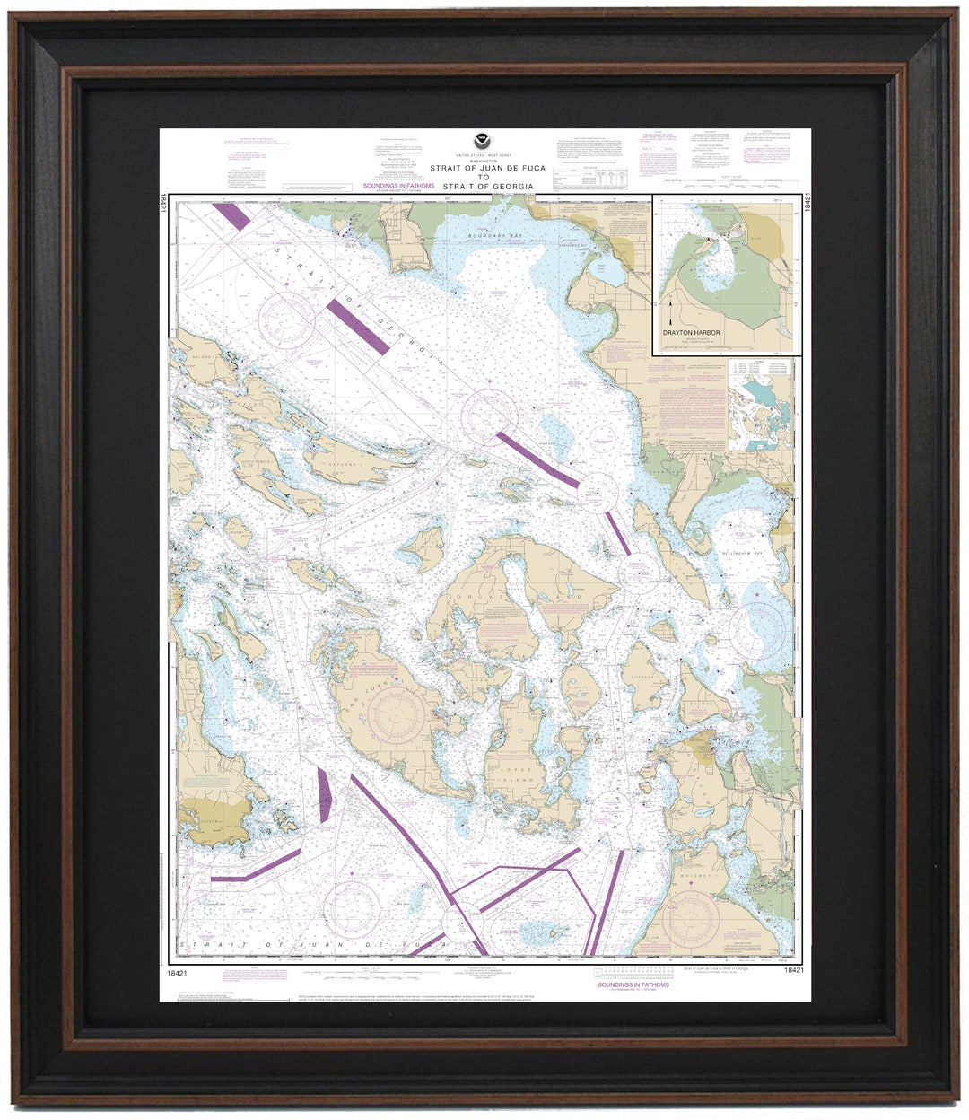 Framed Nautical Chart - NOAA 18421. Strait of Juan De Fuca to Strait of ...