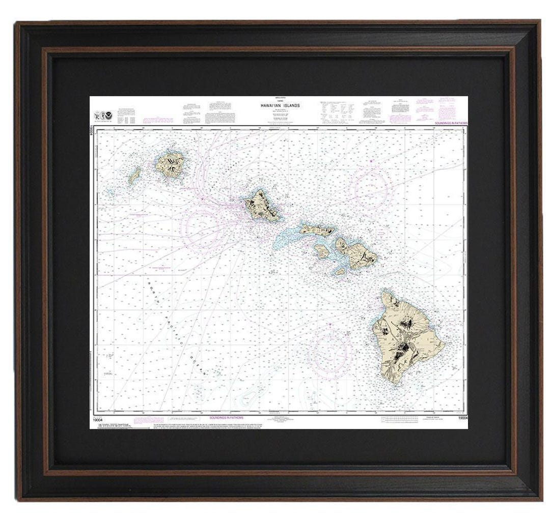 Framed Nautical Chart 19004 - Hawaiian Islands. NOAA 19004. Handmade in ...