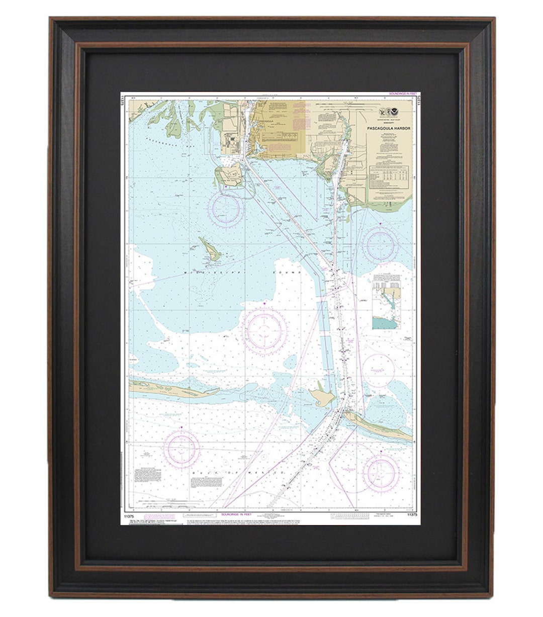 Framed Nautical Chart 11375 - Pascagoula Harbor. NOAA 11375. Handmade ...