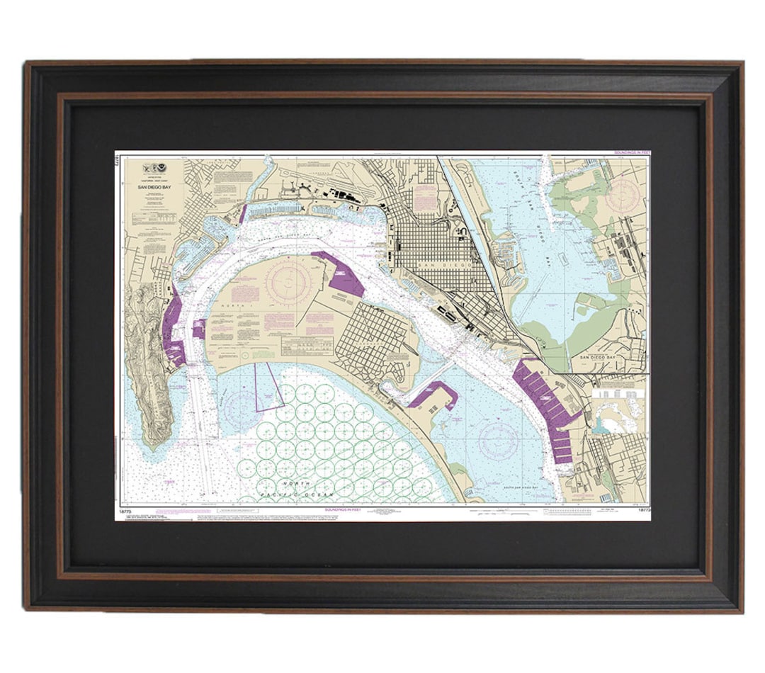 Framed Nautical Chart San Diego Bay NOAA 18773 Nautical Gifts & Beach ...