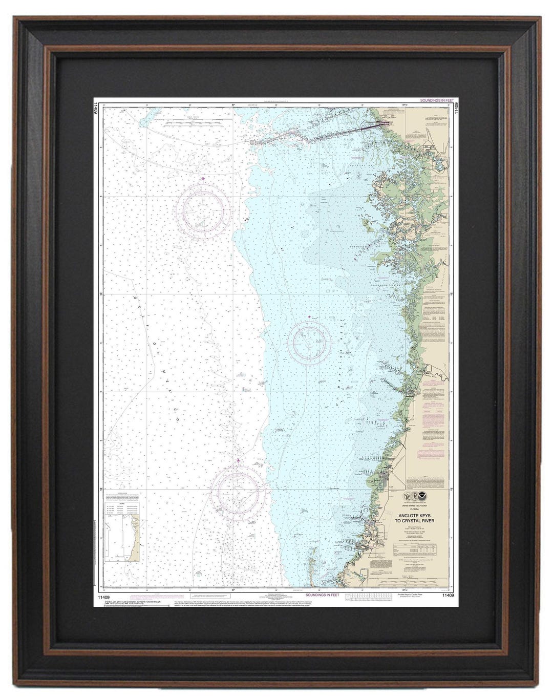 Framed Nautical Chart 11409 - Anclote Keys to Crystal River. NOAA 11409 ...