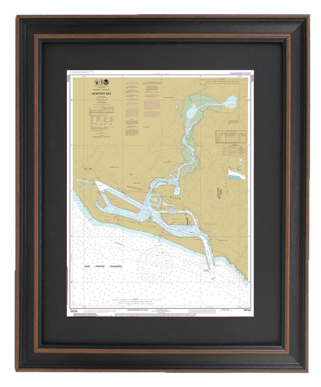 Framed Nautical Chart 18754 - Newport Bay. NOAA 18754. Handmade in the ...
