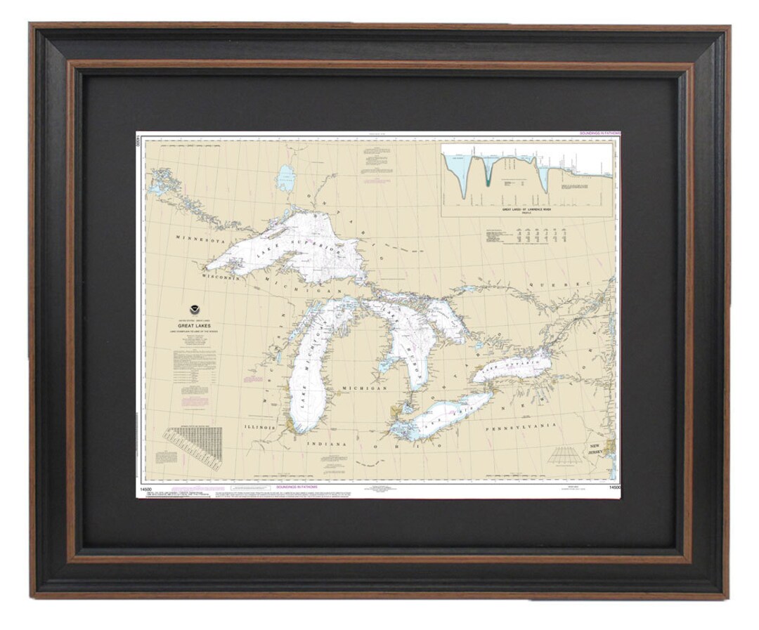 Framed Nautical Chart - Great Lakes, Lake Champlain to Lake of the ...