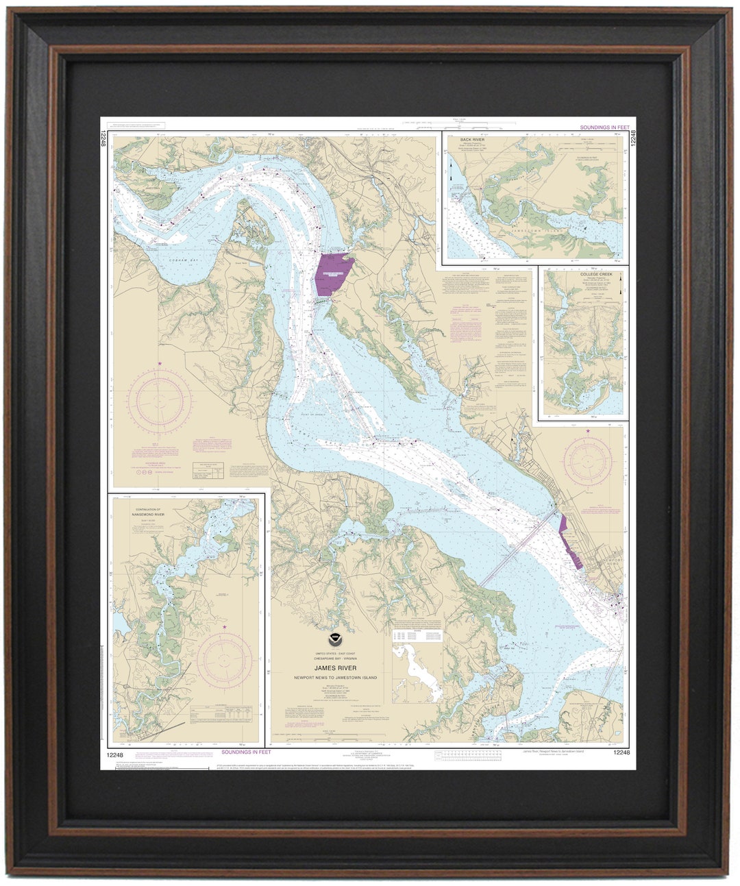 Framed Nautical Chart 12248 - James River, Newport News to Jamestown ...