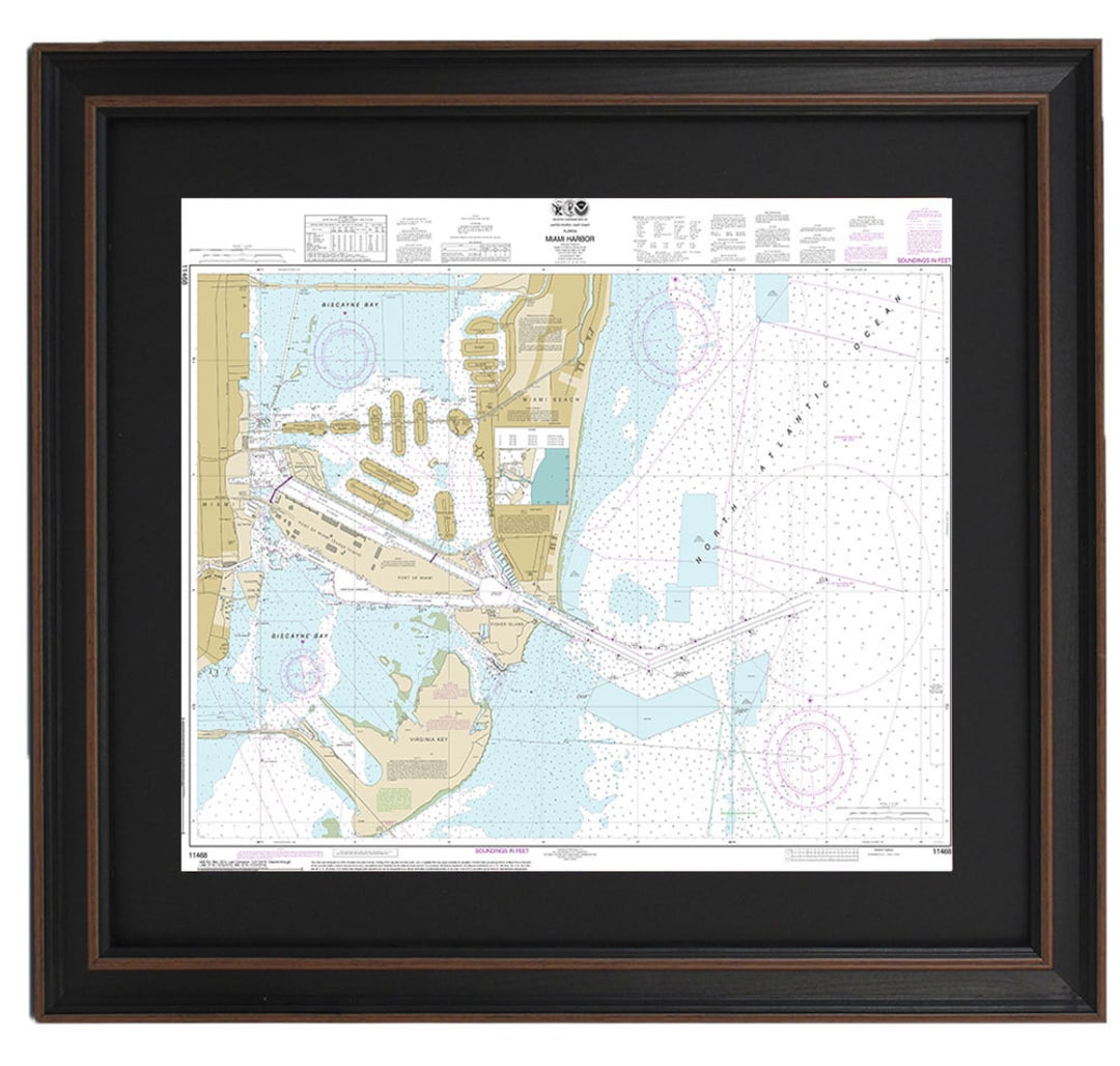 Framed Nautical Chart 11468 - Miami Harbor. NOAA 11468. Handmade in the ...