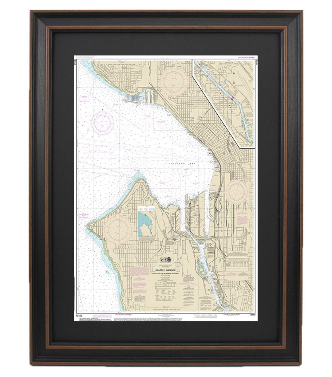 Framed Nautical Chart Seattle Harbor NOAA 18450 Nautical Gifts & Beach ...