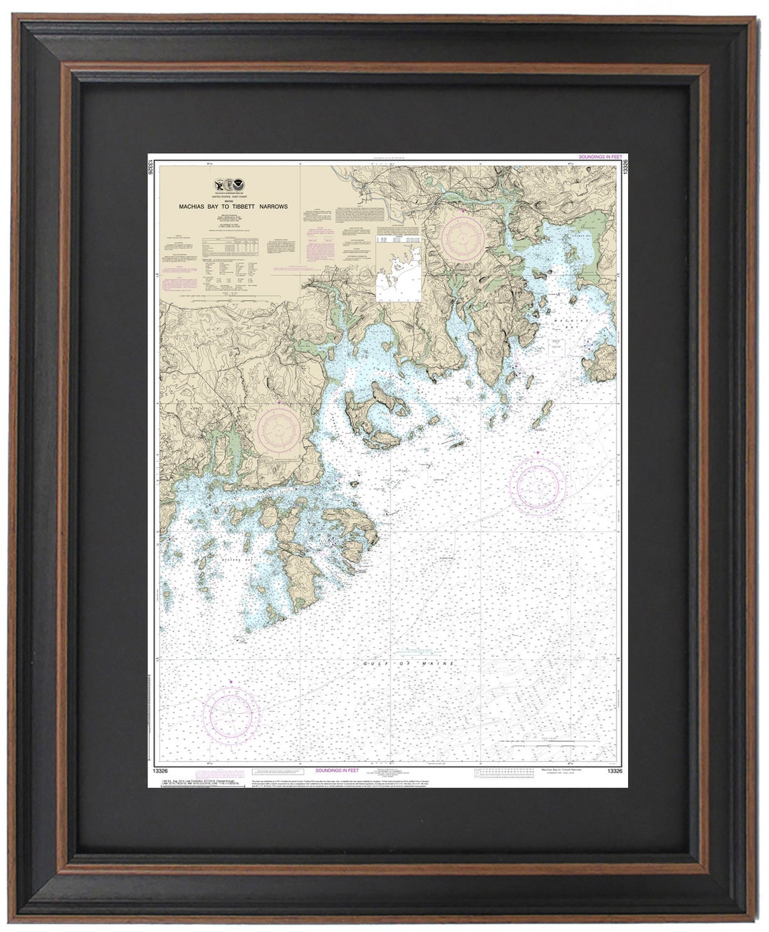 Framed Nautical Chart 13326 - Machais Bay to Tibbett Narrows, Maine. NOAA 13326. Handmade in the ...