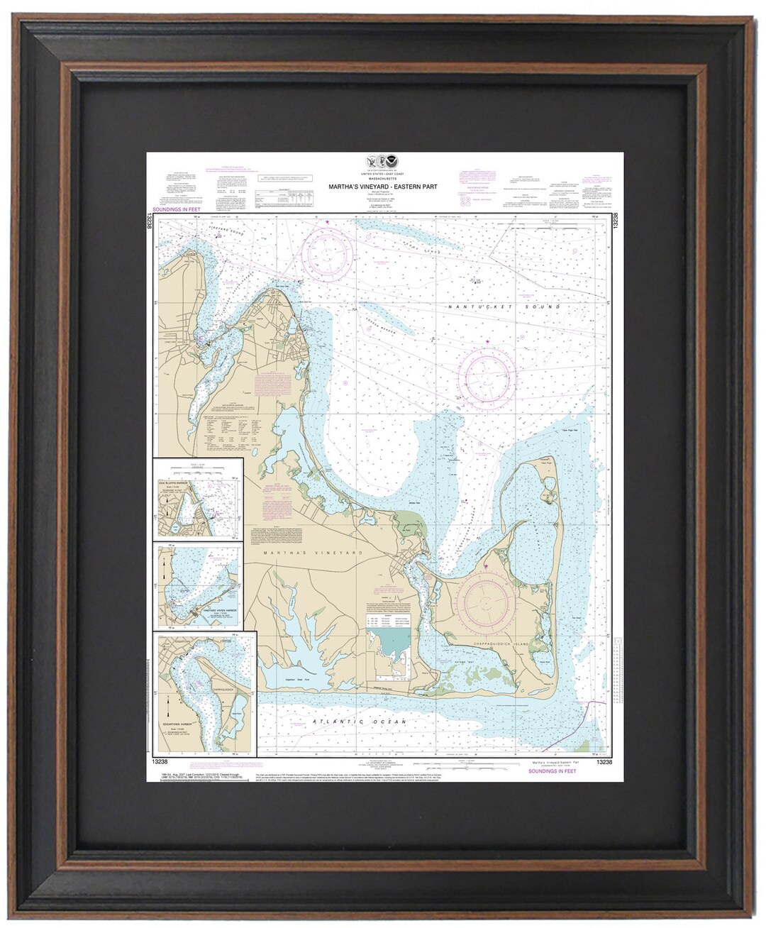 Framed Nautical Chart 13238 - Martha's Vineyard (eastern Part). NOAA 13238. Handmade in the USA ...
