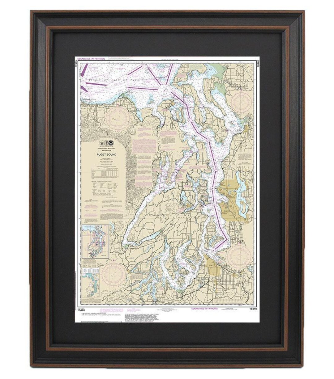 Framed Nautical Chart 18440 - Puget Sound. NOAA 18440. Handmade in the ...