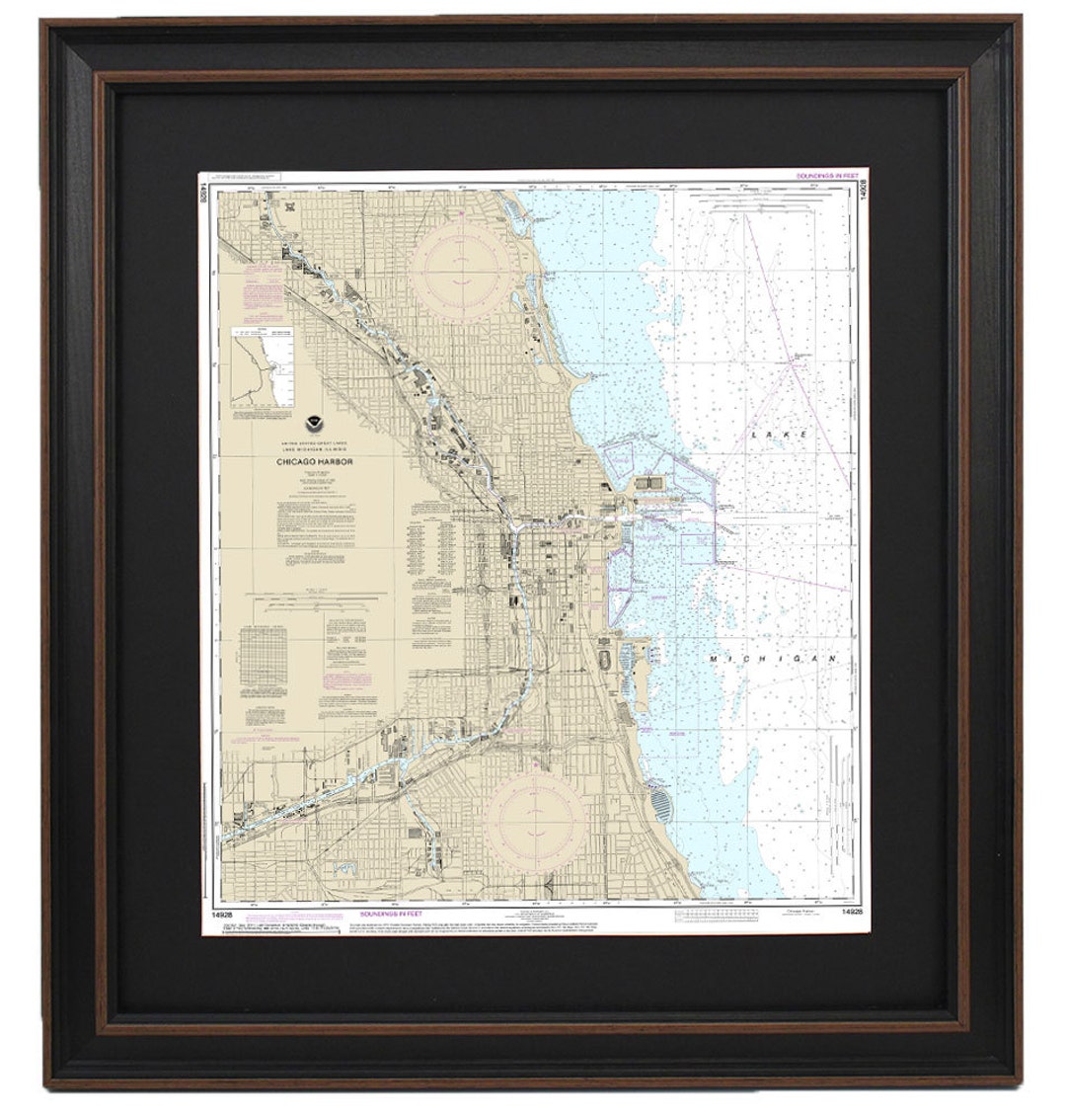 Framed Nautical Chart 14928 - Chicago Harbor. NOAA 14928. Handmade in ...