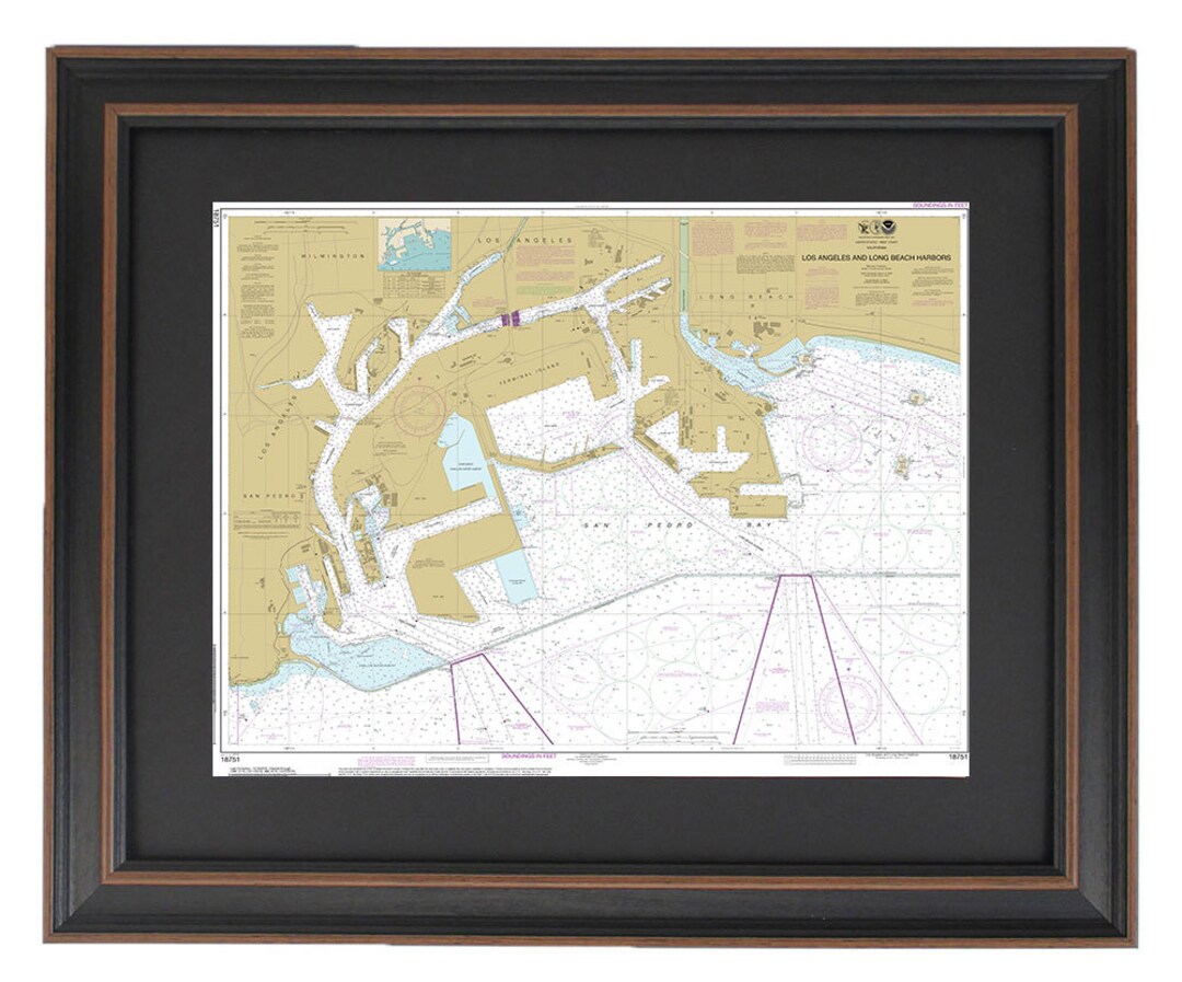 Framed Nautical Chart Los Angeles and Long Beach Harbors NOAA 18751 ...