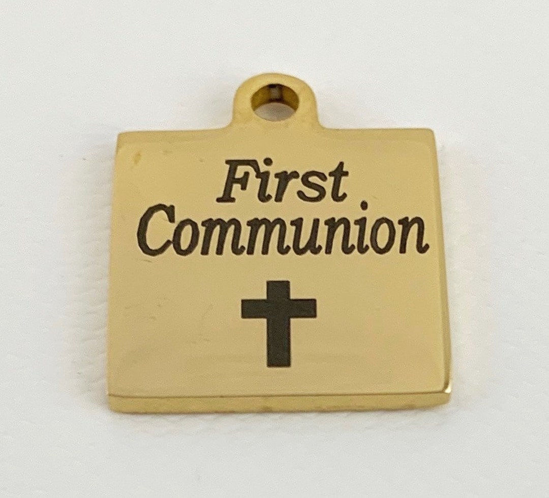 First Communion Laser Engraved Square Gold Charm, Personalized Engraved ...