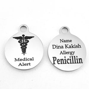 2 Sided Engraved Medical Alert Charm, Laser Engraved Charm, Stainless ...