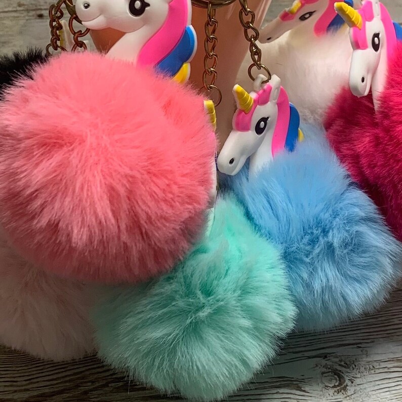 Unicorn Pom Pom Keychain Faux Fur Fluffy Fuzzy Charm for Women & Girls ...