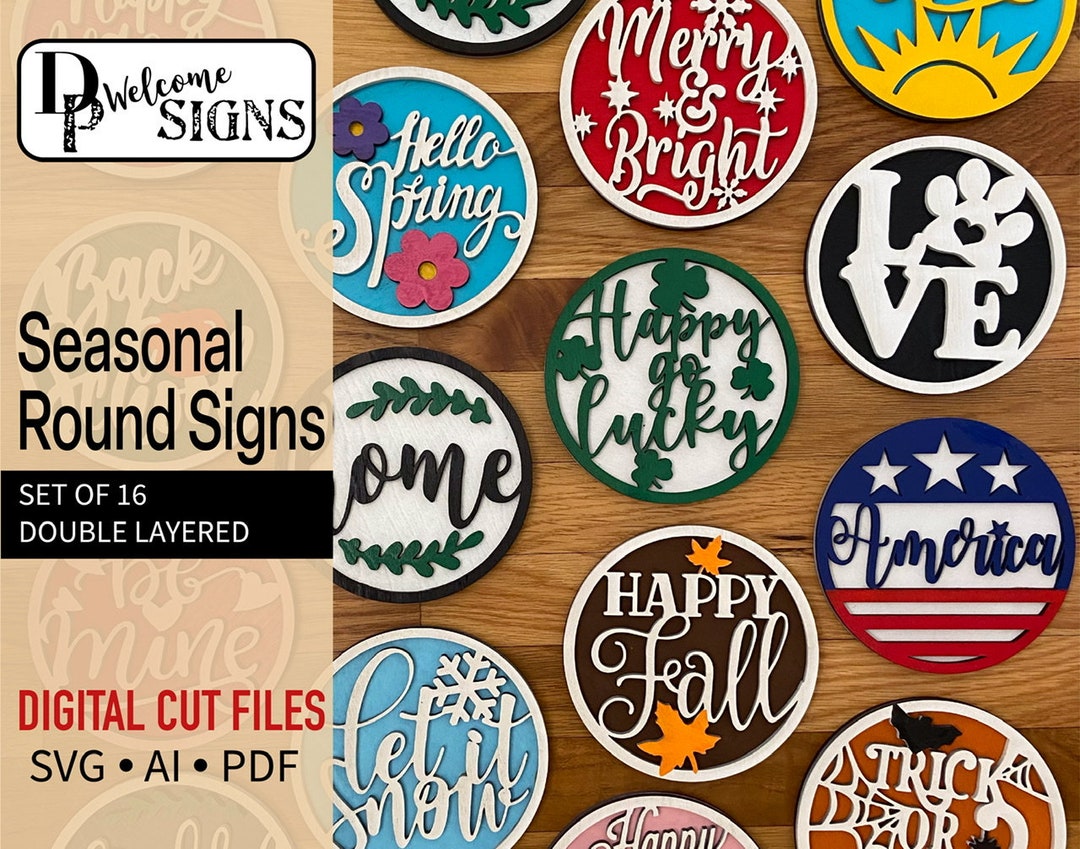 Digital Interchangeable Seasonal Round Signs, Glowforge Laser Cut File ...