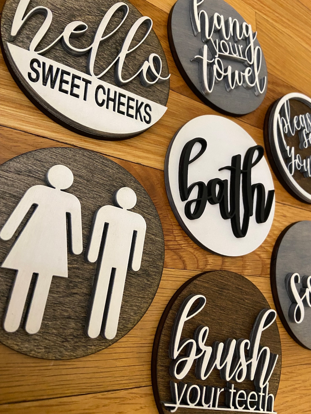 Bathroom Signs, 3D Round Wood Signs, Modern Farmhouse Decor, Small ...