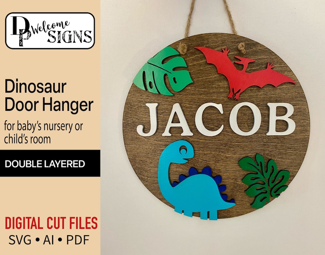 Digital Dinosaur Bedroom Door Hanger, Glowforge Laser Cut Ready File ...