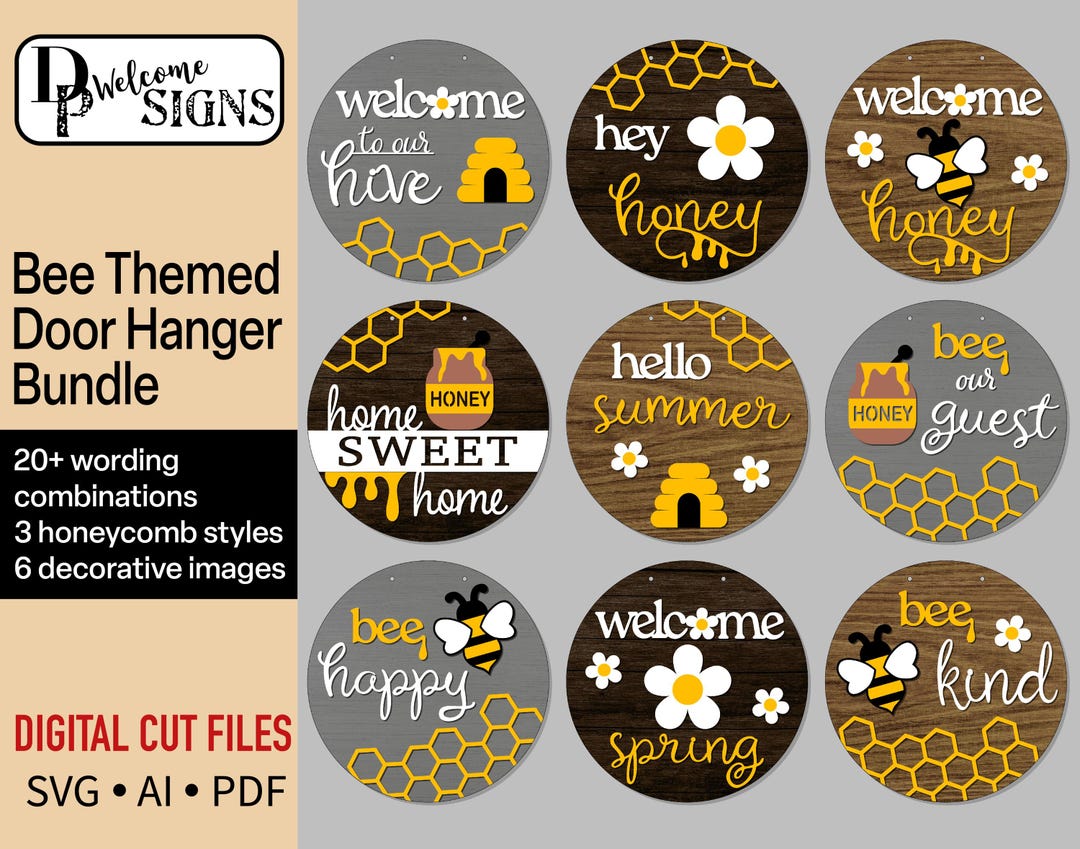 Digital Welcome Honey Bee Door Hanger Bundle, Glowforge Laser Cut Ready ...