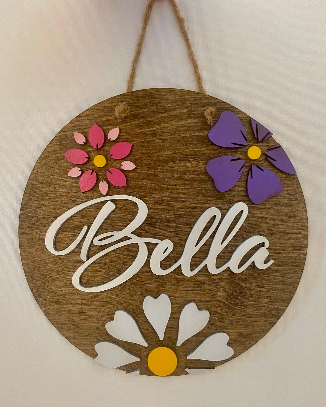 Personalized Flower Sign for Baby Girl Nursery Decor, Round Custom Name ...