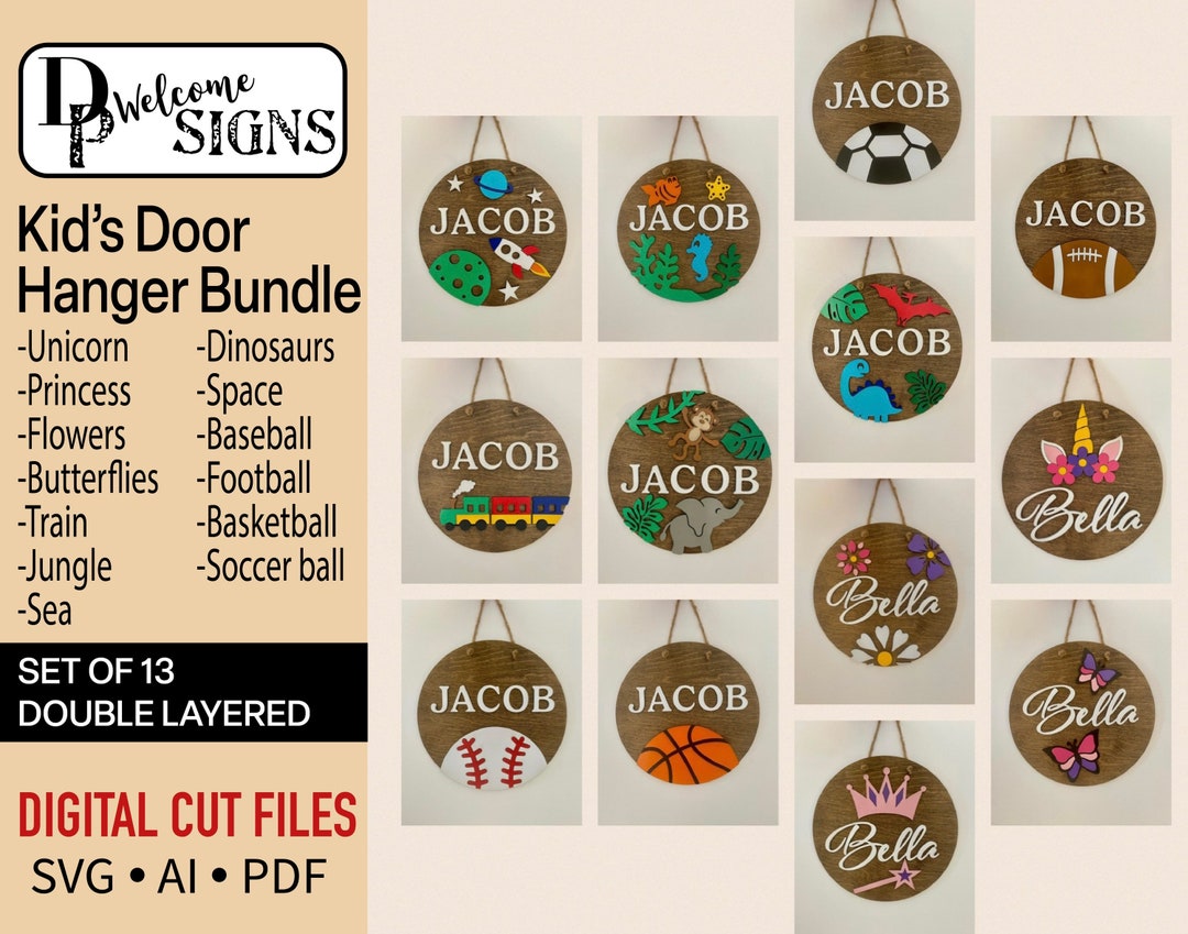 Digital Kid’s Room Door Hanger Bundle, Glowforge Laser Cut Ready File ...