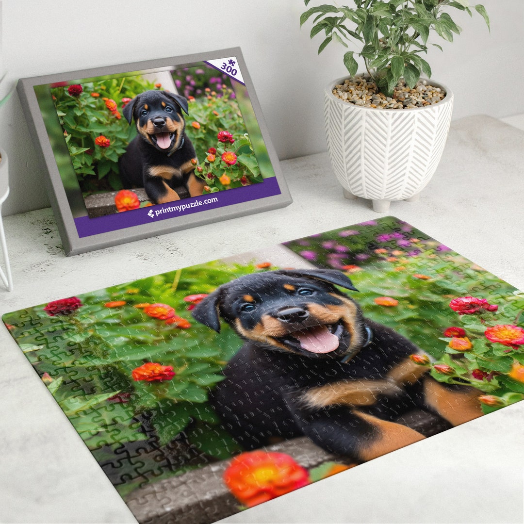 Rottweiler Puzzle 300 Piece Jigsaw – Floral Garden Adorable Pet Puzzle ...