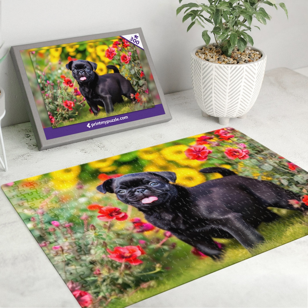Pug Puzzle 300 Piece Jigsaw – Floral Garden Adorable Pet Puzzle Puppy ...